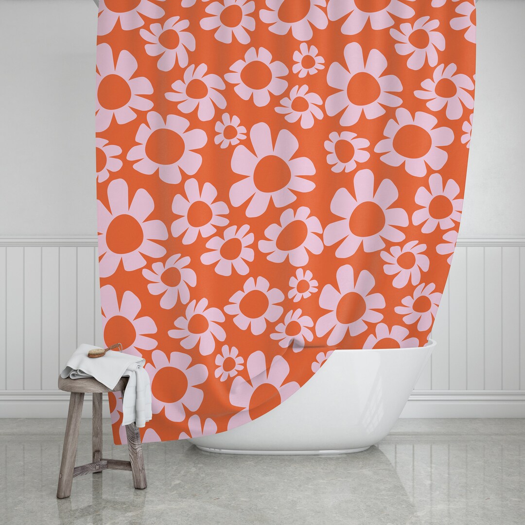 Retro Shower Curtain, Daisy Shower Curtain, Pink and Orange Shower ...