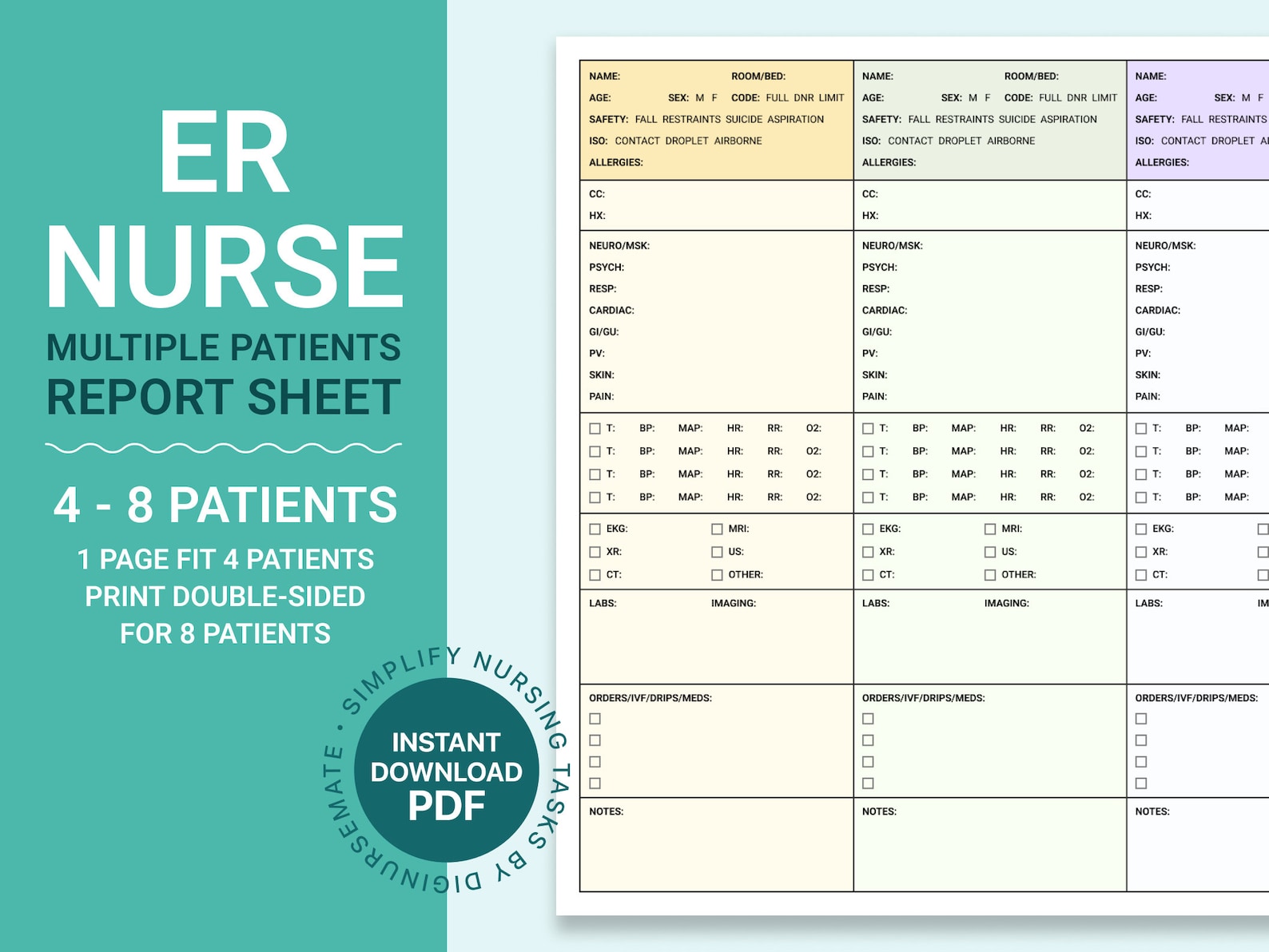 ER Nurse Report Sheet: 4-8 Patients, Emergency Nursing (printable PDF ...