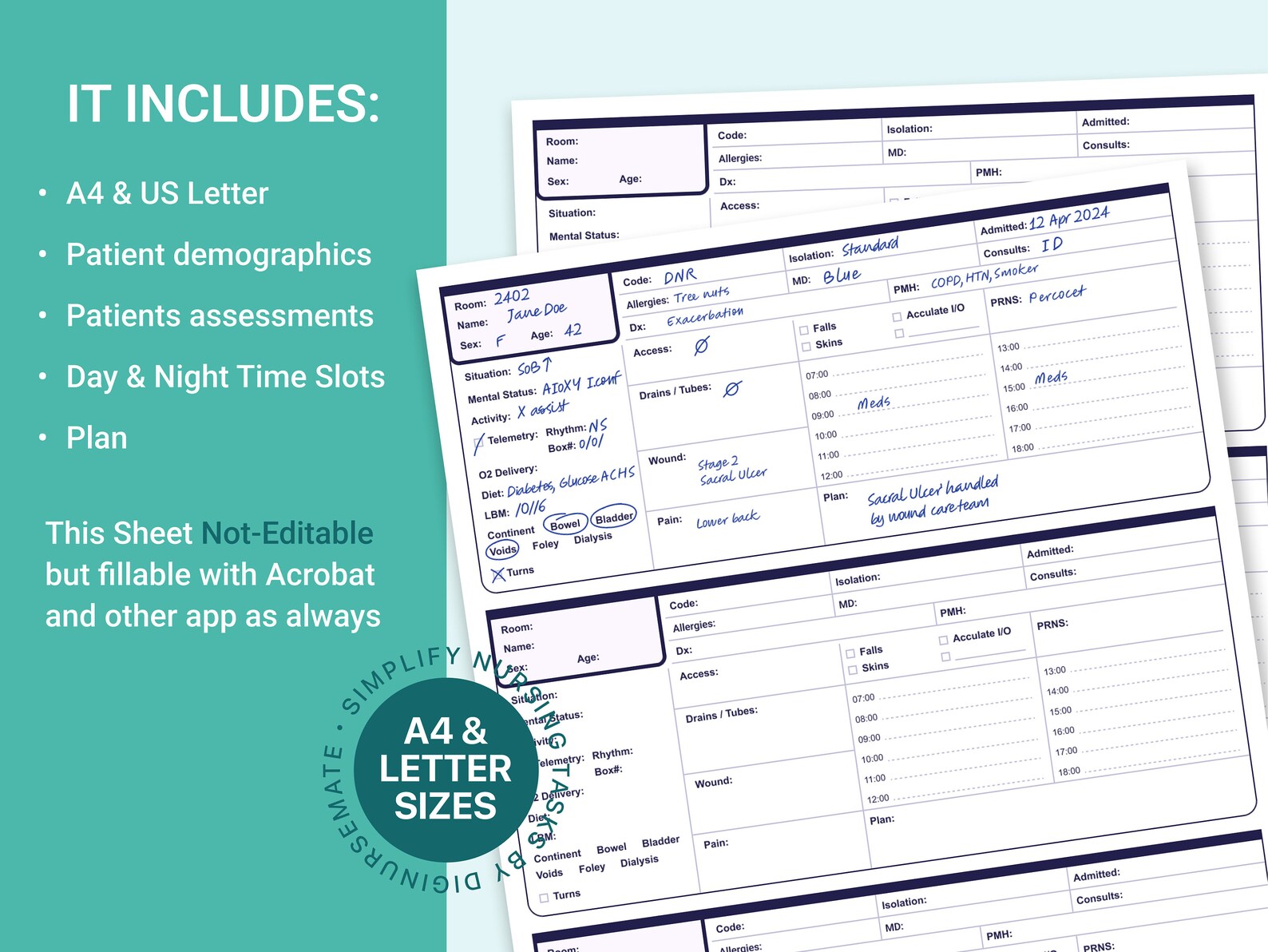 Nurse Report Sheet: 3 Patient Telemetry, Medical Surgical (PDF) - Etsy