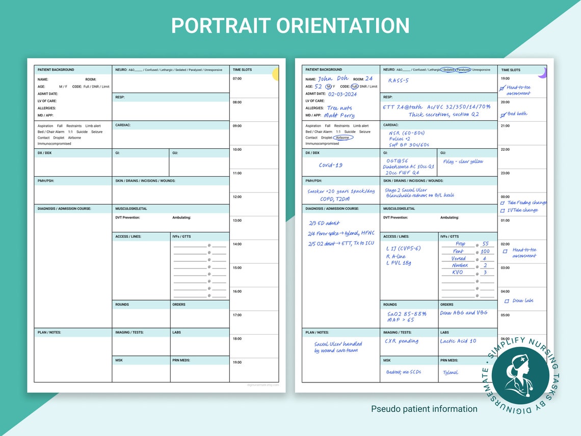 ICU Nurse Report Sheet: Hourly Rounding, Handoff Template (PDF & .docx ...