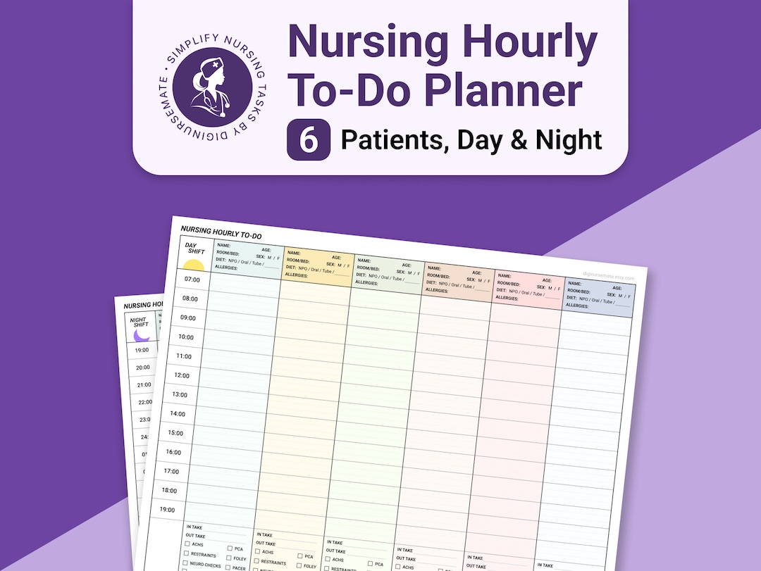 Hourly To-do List Nursing Planner Nurse Shift for 6 Patients Nursing ...