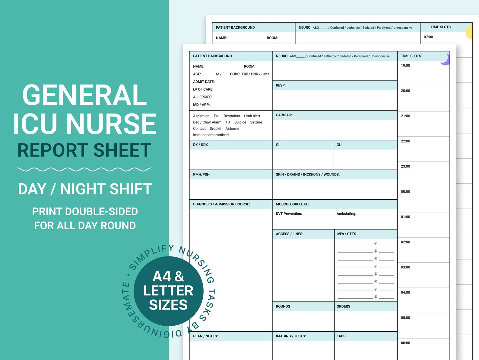 ICU Nurse Report Sheet: Hourly Rounding, Handoff Template (PDF & .docx ...