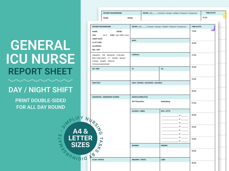 General ICU Nurse Report Sheet ER Nursing Brain Sheet With Hourly ...