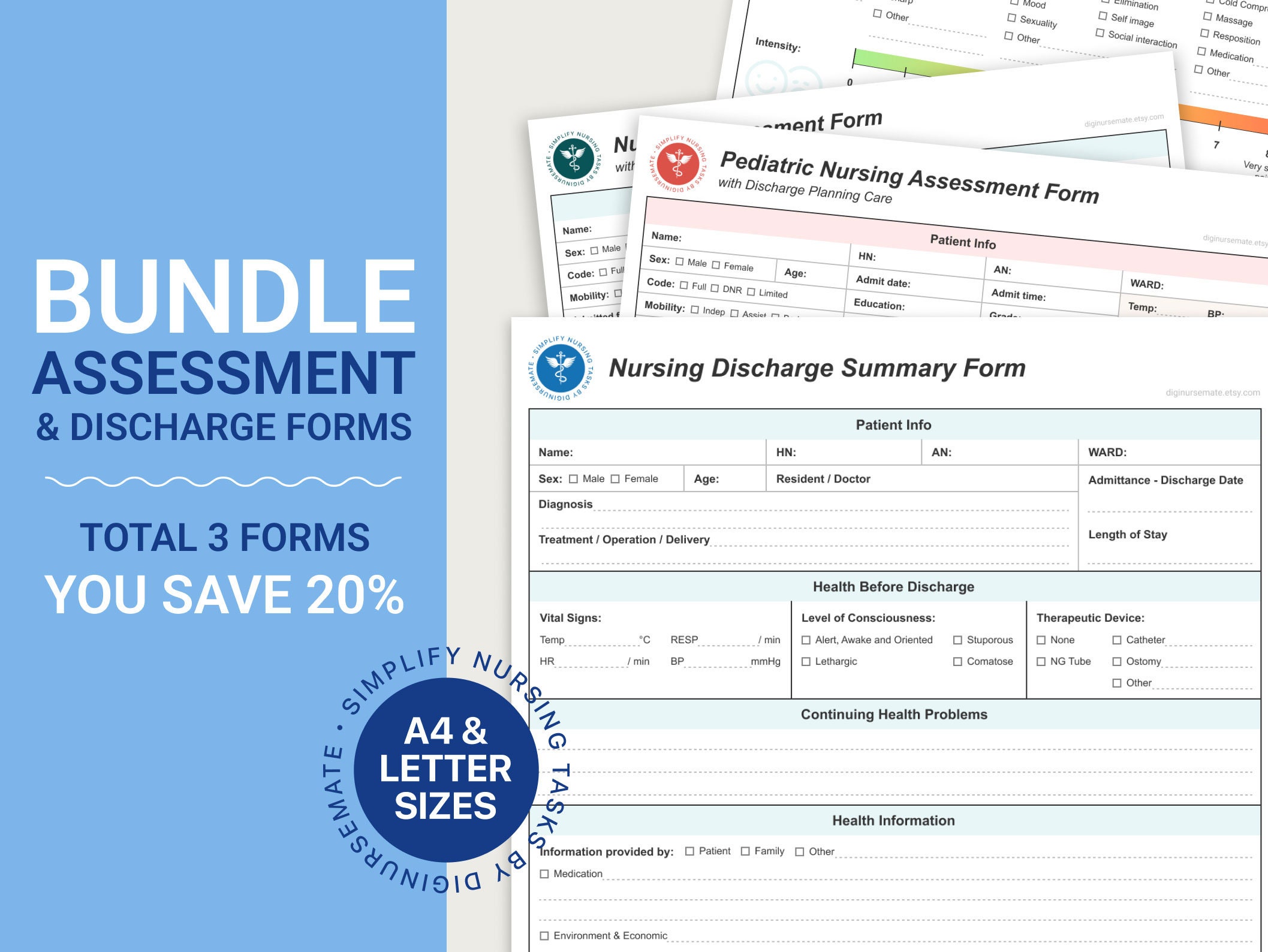 Nursing Assessment Form Bundle: Adult, Pediatric + Discharge (PDF) - Etsy