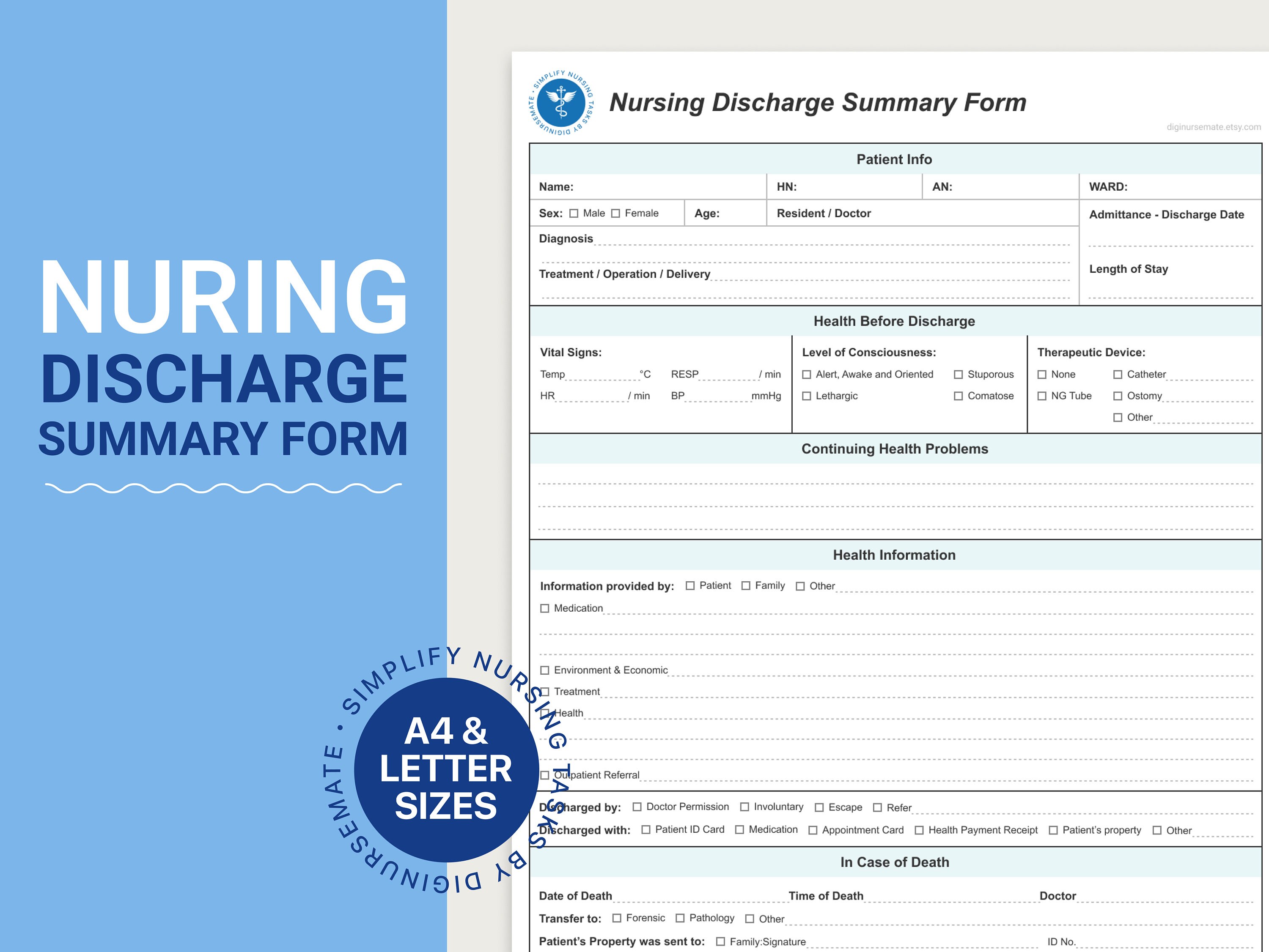 Nursing Discharge Summary Form Printable Nurse Discharge Template for ...
