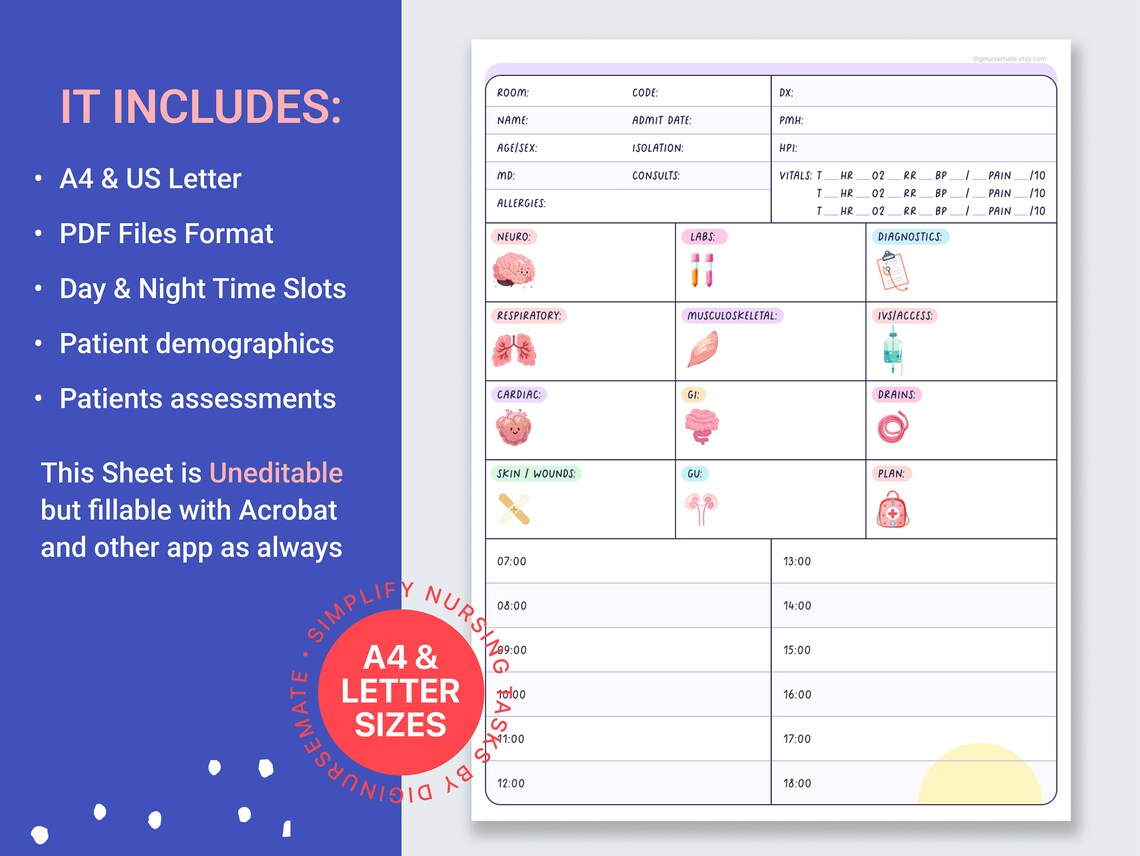 Cute Student Nursing Report Sheet Med Surg Nurse Brain Sheet Tele Nurse ...