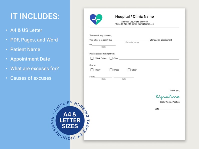 Doctor's Excuse Sick Leave Letter Template for Work Medical Leave of ...