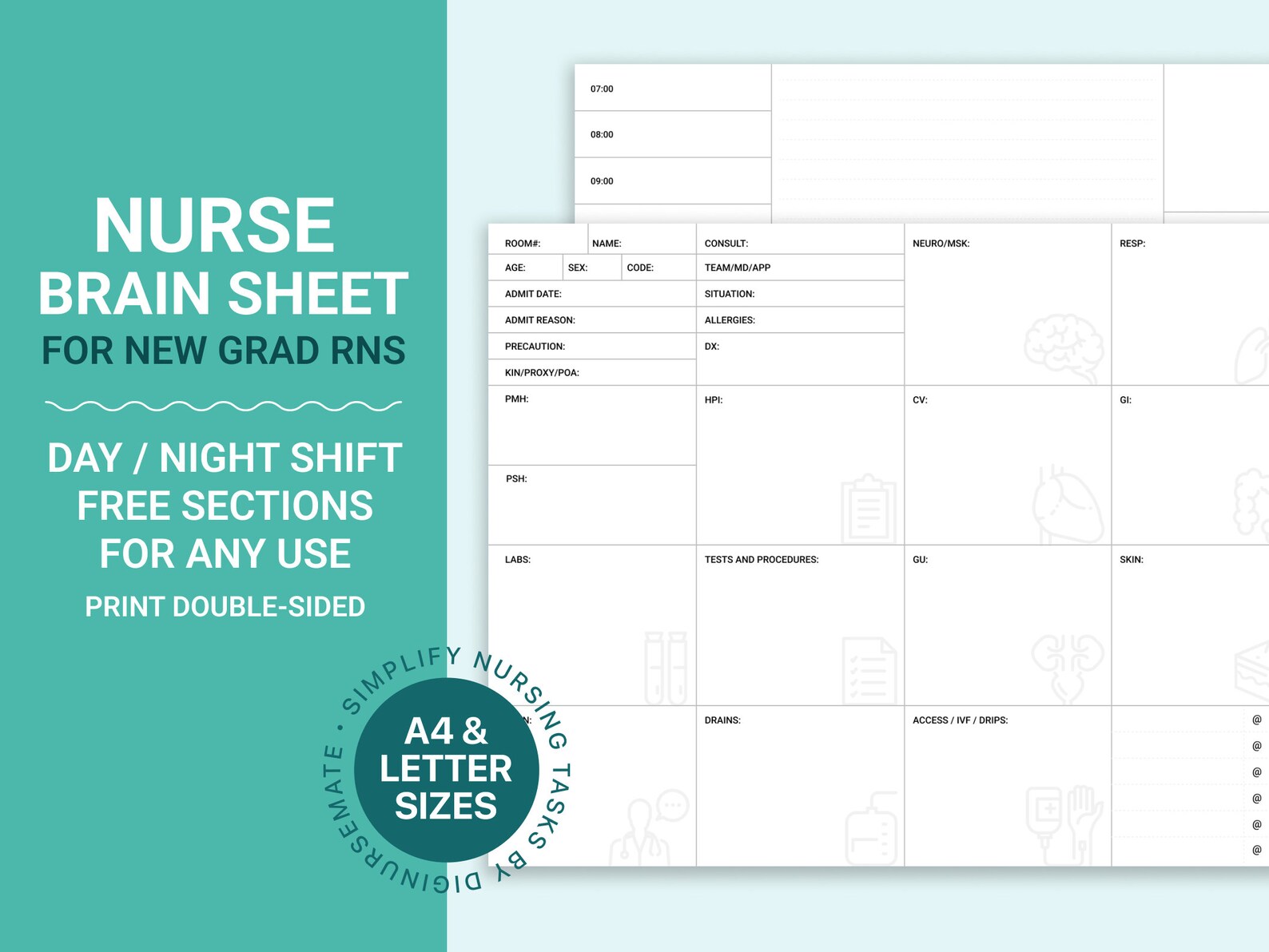 Nurse Brain Sheet Printable New Grad RN Nursing Brain Sheet Report ...