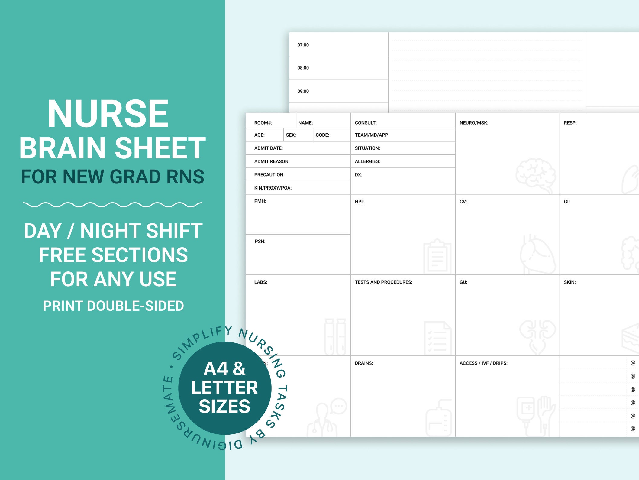 Nurse Brain Sheet Printable New Grad RN Nursing Brain Sheet Report ...