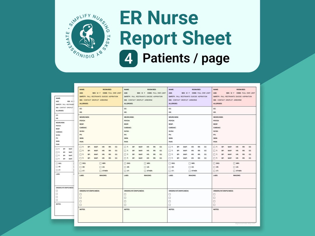 ER Nurse Report Sheet: 4-8 Patients, Emergency Nursing (printable PDF ...