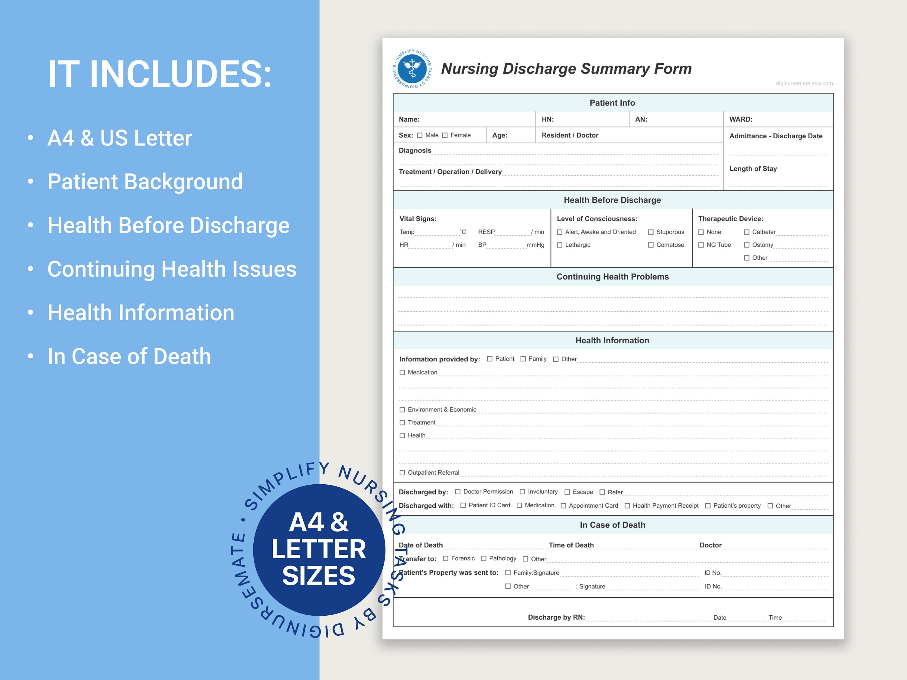 Nursing Discharge Summary Form: Patient Discharge Template (PDF & DOCX ...