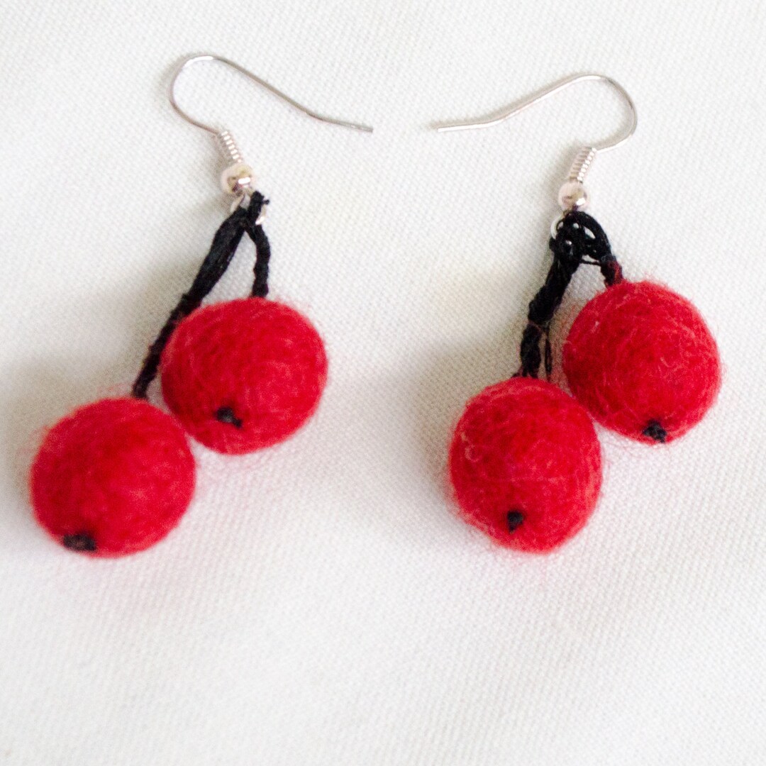 Cherry Earrings - Felt - Fruit - Cute - Handmade - Felted - Etsy