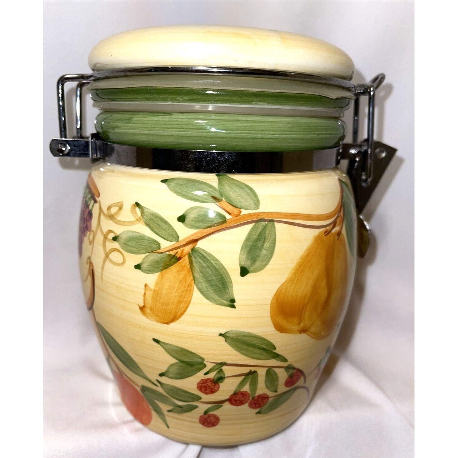 Canaster Jar Metal Bale Hinged Lid Yellow W/ Fruits Hand Painted ...