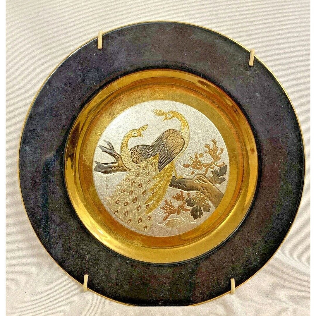 Chokin Plate Peacocks Branch 24 Kt Gold 5628 Japan Yoshinobu Hara Black ...
