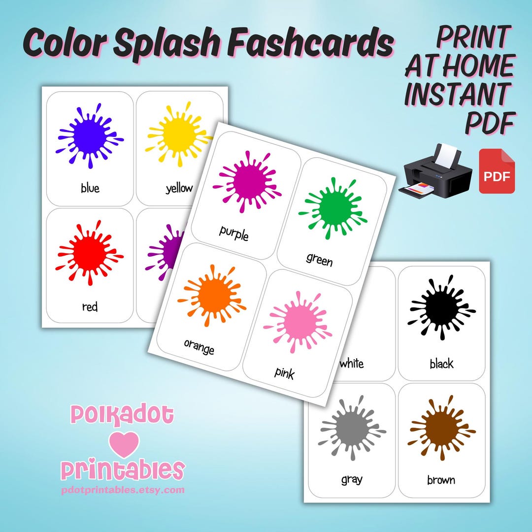 Basic Color Flashcards Printable - Set of 12 Paint Splash Designs ...