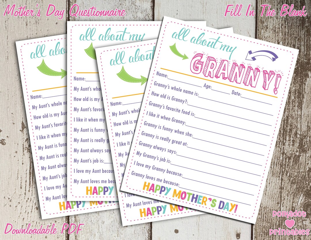 All About My Granny Mother's Day Questionnaire Instant Downloadable PDF ...