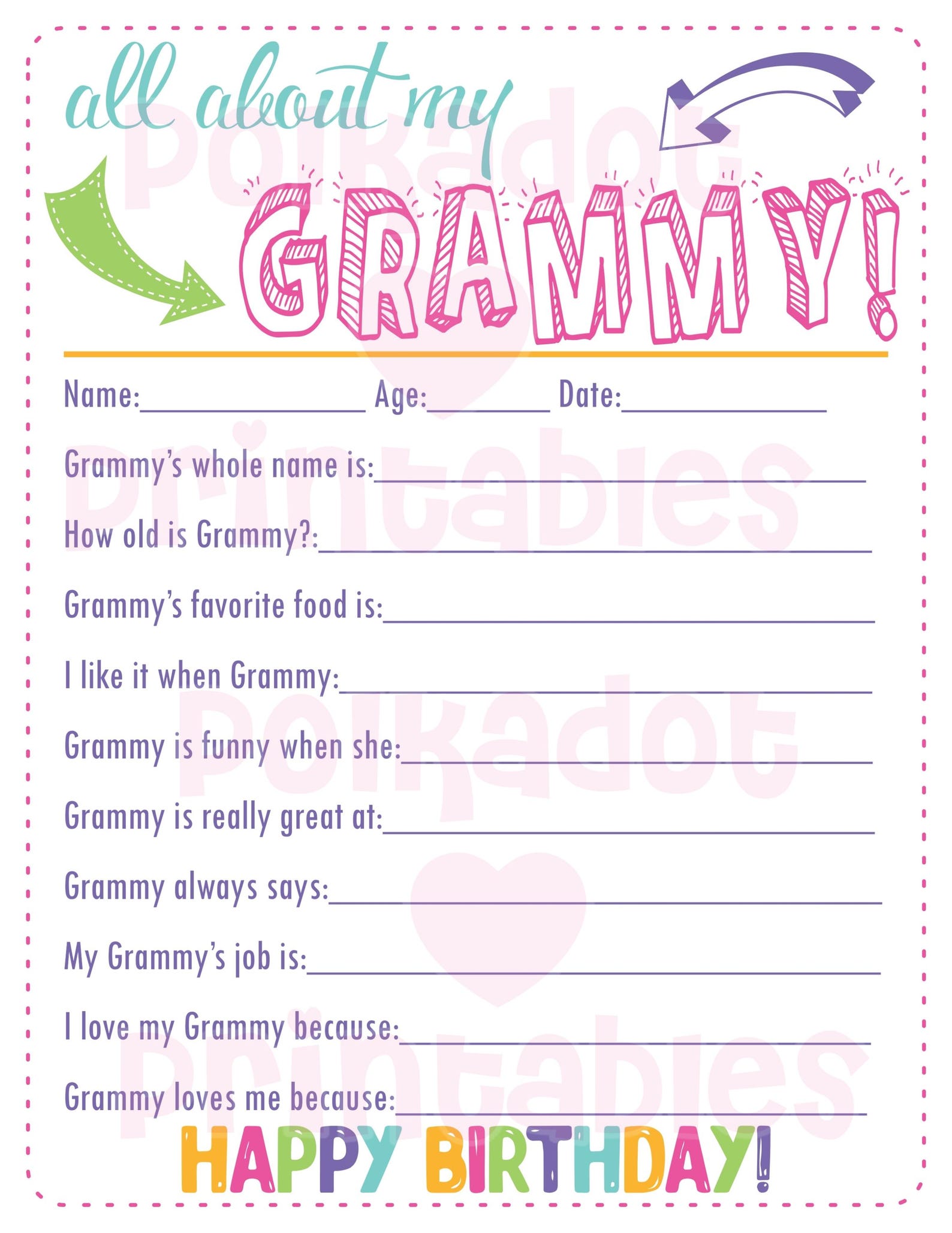 All About My Grammy Happy Birthday Questionnaire - Instant Downloadable ...