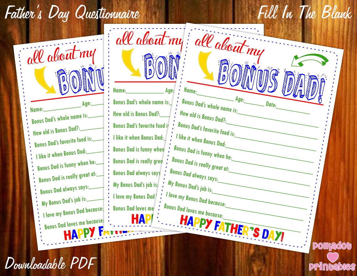 All About My Bonus Dad Father's Day Questionnaire - Instant ...