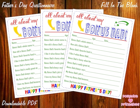 All About My Bonus Dad Father's Day Questionnaire - Instant ...