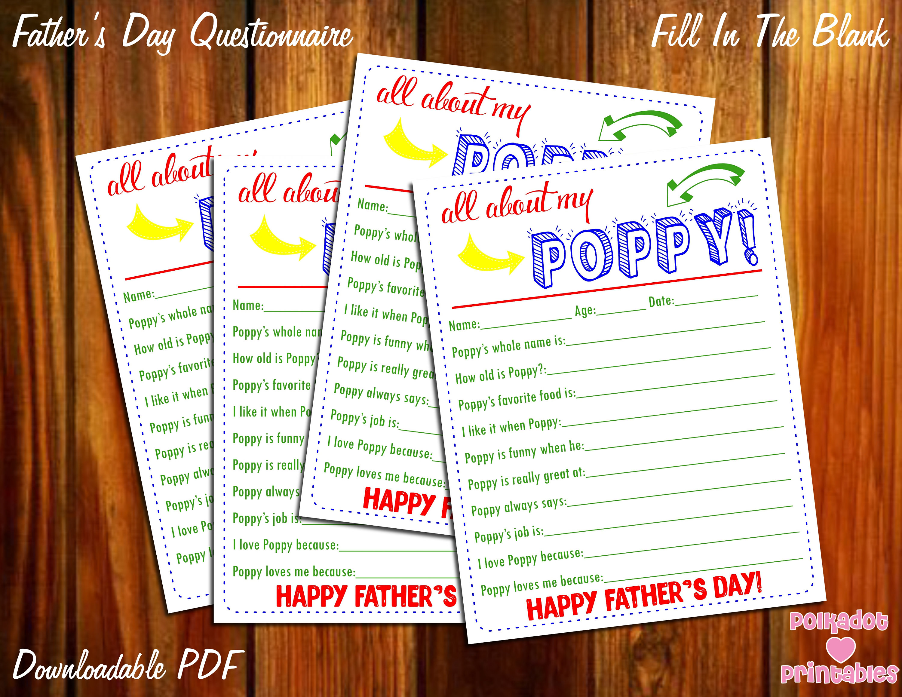 All About My Poppy Father's Day Questionnaire Instant | Etsy