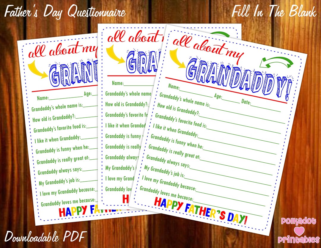 All About My Grandaddy Father's Day Keepsake Questionnaire - Instant ...