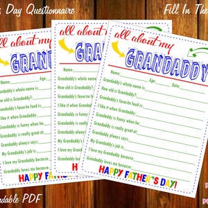 All About My Grandaddy Father's Day Keepsake Questionnaire - Instant ...