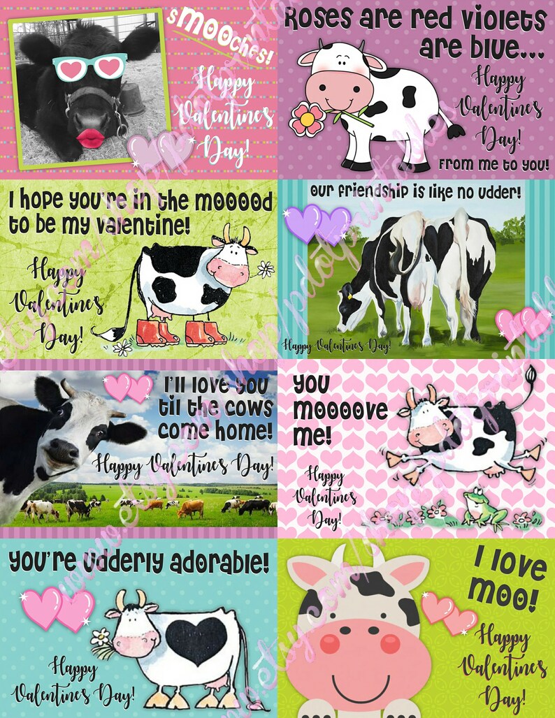 Cow Valentine Set - 8 Different Designs - Printable Classroom ...