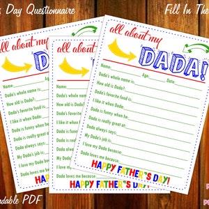 All About My Dada Father's Day Keepsake Questionnaire - Instant ...