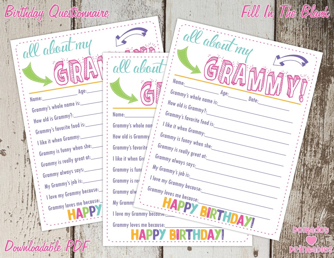 All About My Grammy Happy Birthday Questionnaire - Instant Downloadable ...