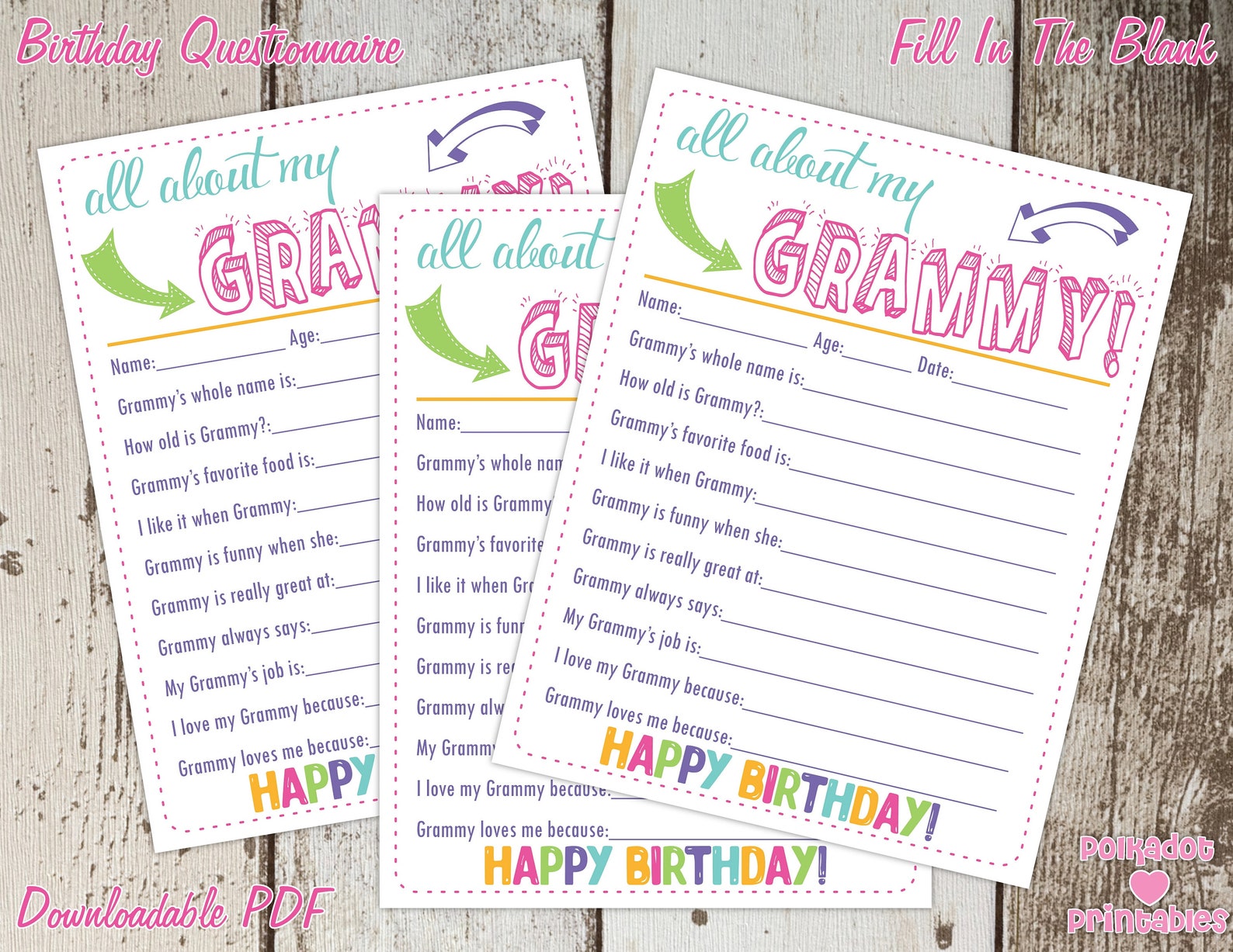 All About My Grammy Happy Birthday Questionnaire Instant - Etsy