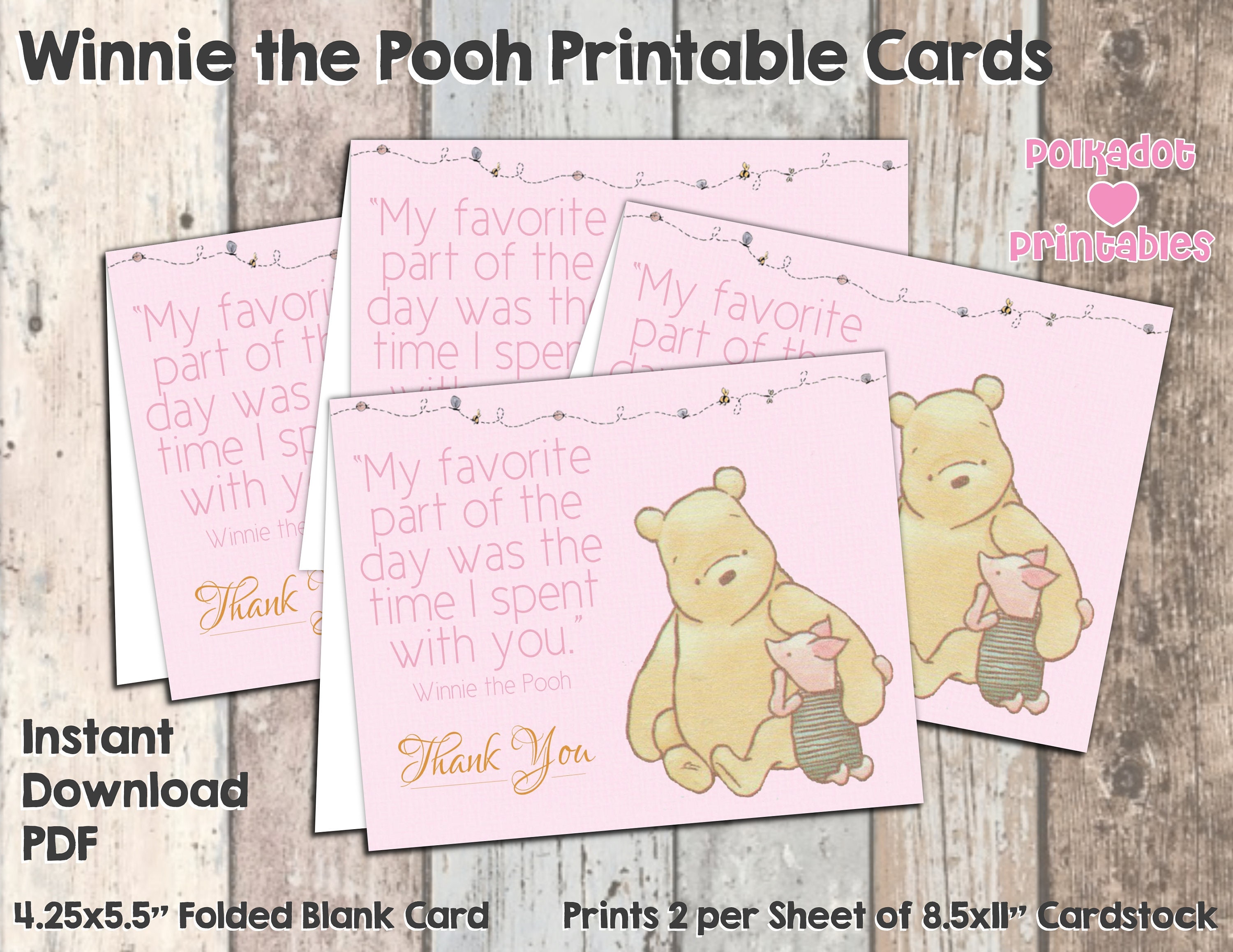 Pink Classic Winnie the Pooh Thank You Card Instant Download | Etsy