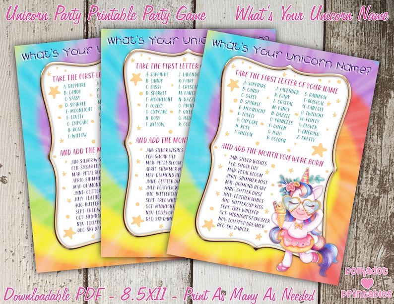 Unicorn Party Game Printable What's Your Unicorn Name - Etsy