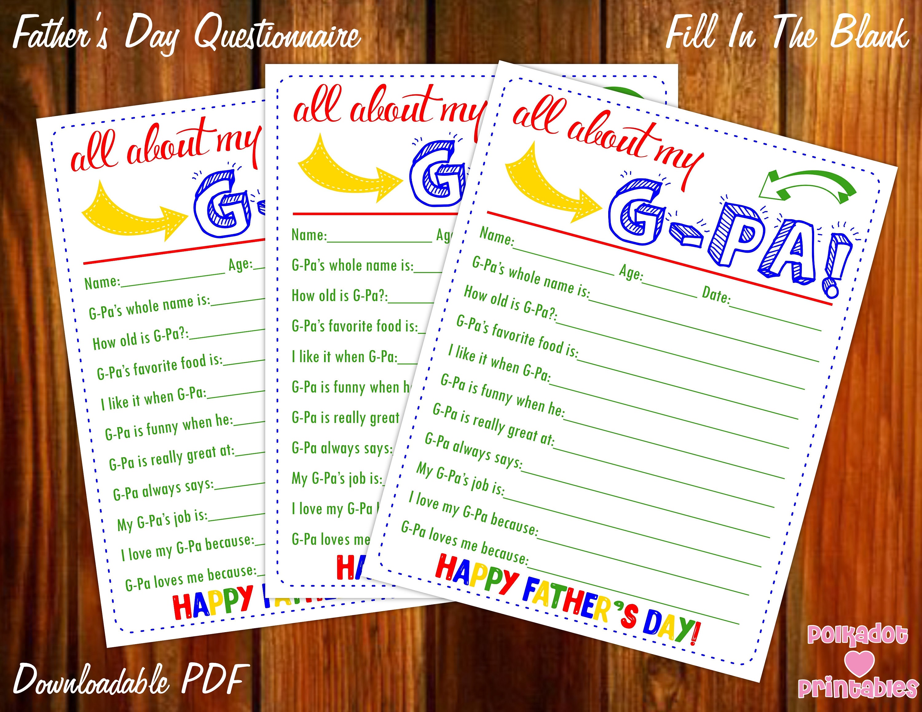 All About My G-pa Father's Day Questionnaire Instant Downloadable PDF ...