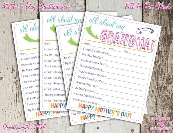 All About My Grandma Mother's Day Questionnaire - Instant Downloadable ...