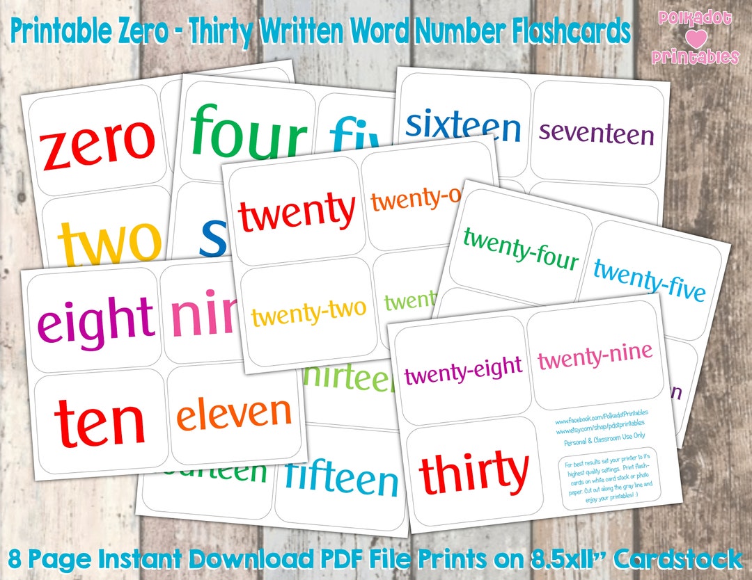 Printable Zero Through Thirty Written Word Number Flashcards - Instant ...