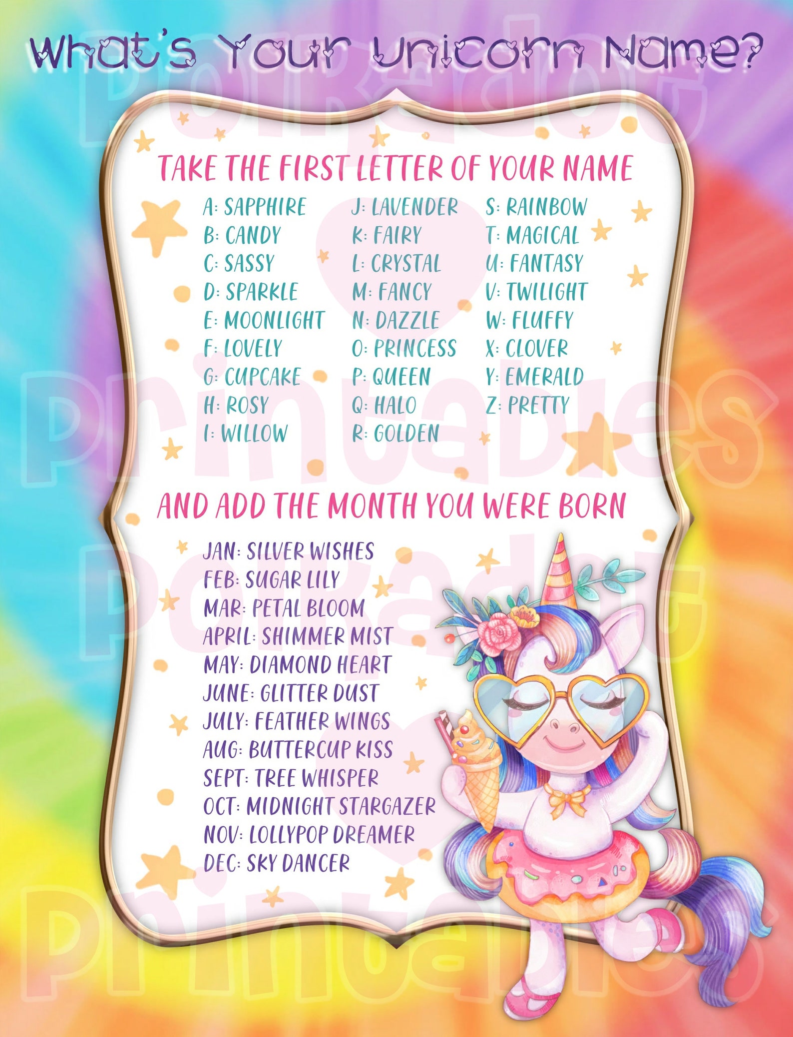 Unicorn Party Game Printable What's Your Unicorn Name - Etsy
