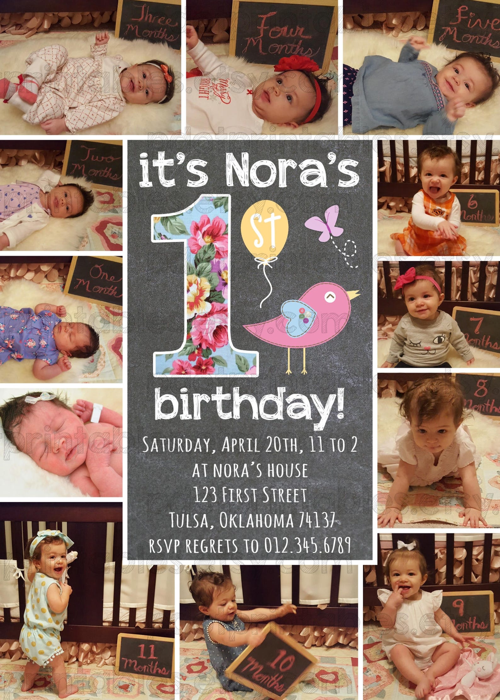 12 Months of Photos 1st Birthday Party Invitation Chalkboard Photo ...
