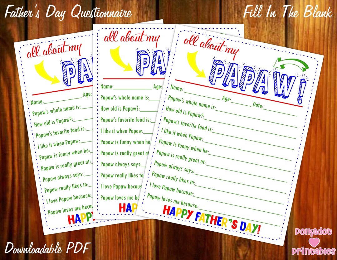 All About My Papaw Father's Day Questionnaire Instant Downloadable PDF ...