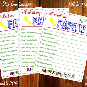 All About My Papaw Father's Day Keepsake Questionnaire - Instant ...