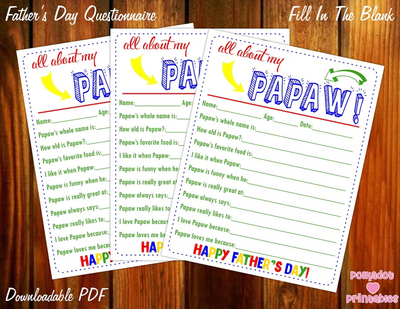 All About My Papaw Father's Day Keepsake Questionnaire - Instant ...