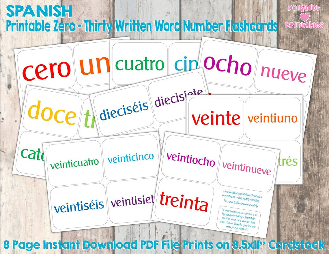 SPANISH Printable Zero Through Thirty Written Word Number - Etsy