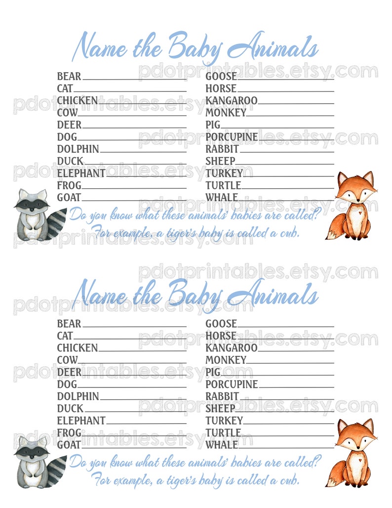 Woodland Animals Name the Baby Animals Baby Shower Game - Etsy