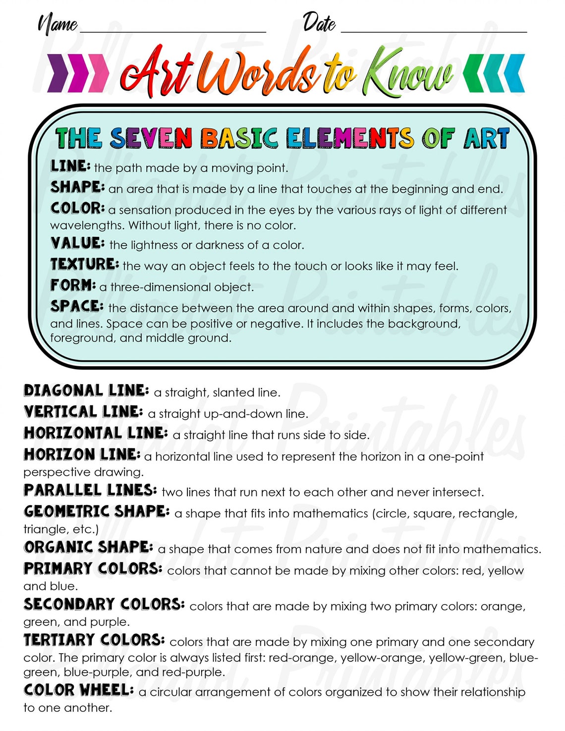 Art Vocabulary Art Words to Know the Seven Basic Elements of - Etsy