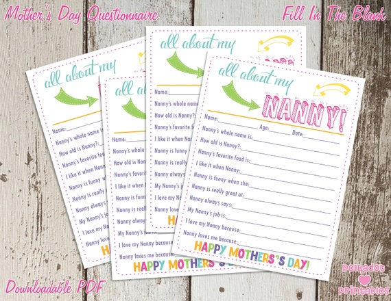 All About My Nanny Mother's Day Questionnaire - Instant Downloadable ...