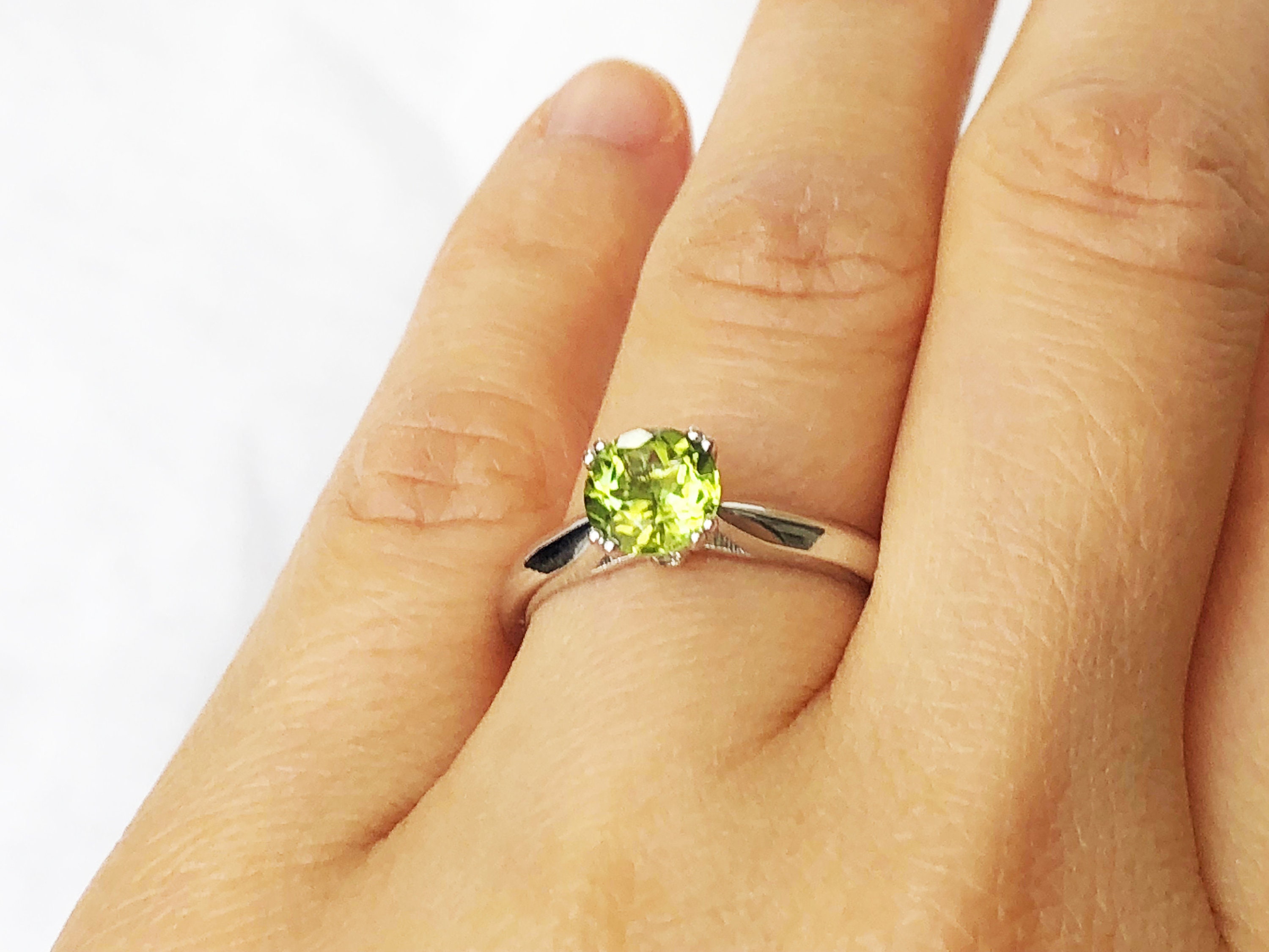 Peridot White Gold Solitaire Ring Natural Gemstone Ring | Etsy