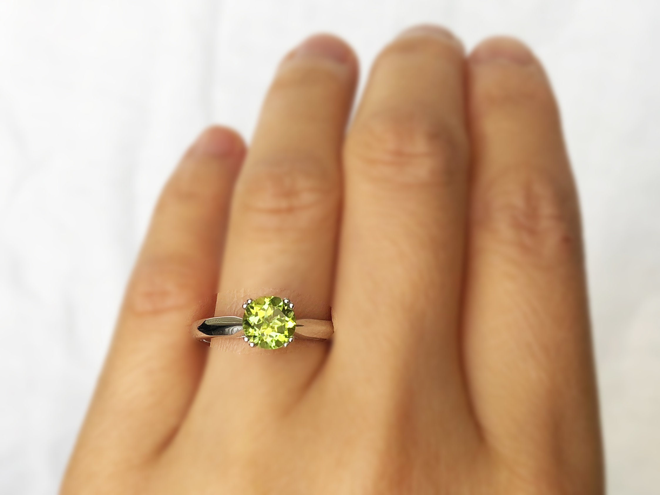 Peridot White Gold Solitaire Ring Natural Gemstone Ring | Etsy