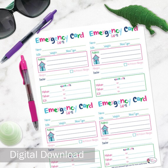 Kids' Emergency Card Digital Download Print-ready - Etsy
