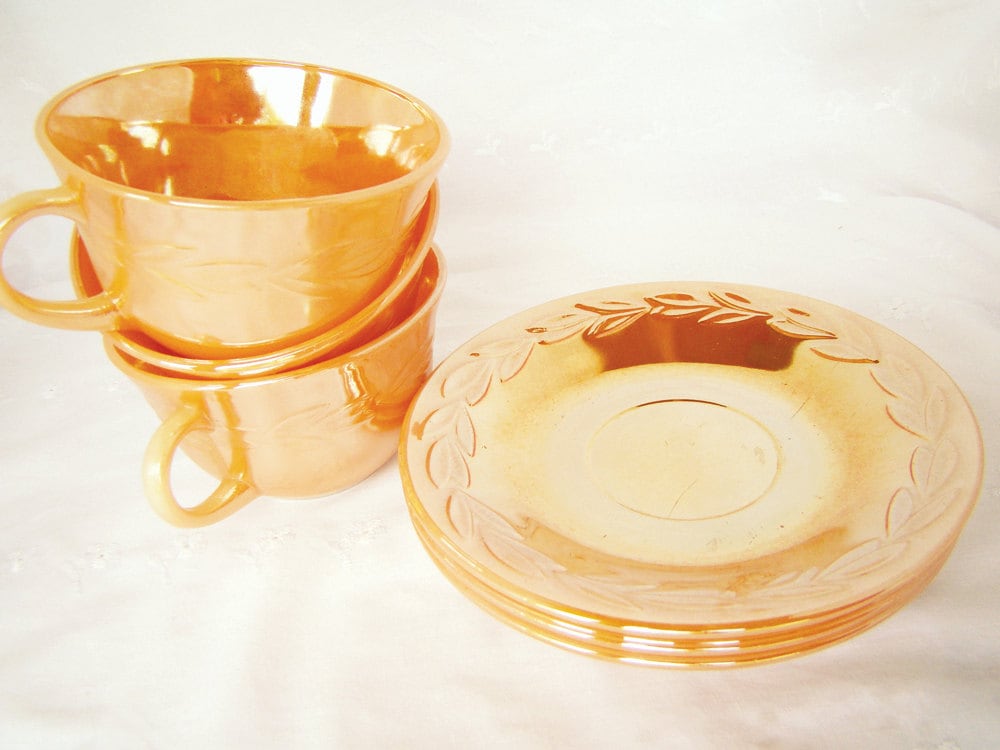 Fire King Peach Lusterware Set of 3 Cups and Saucers, Laurel Leaf ...