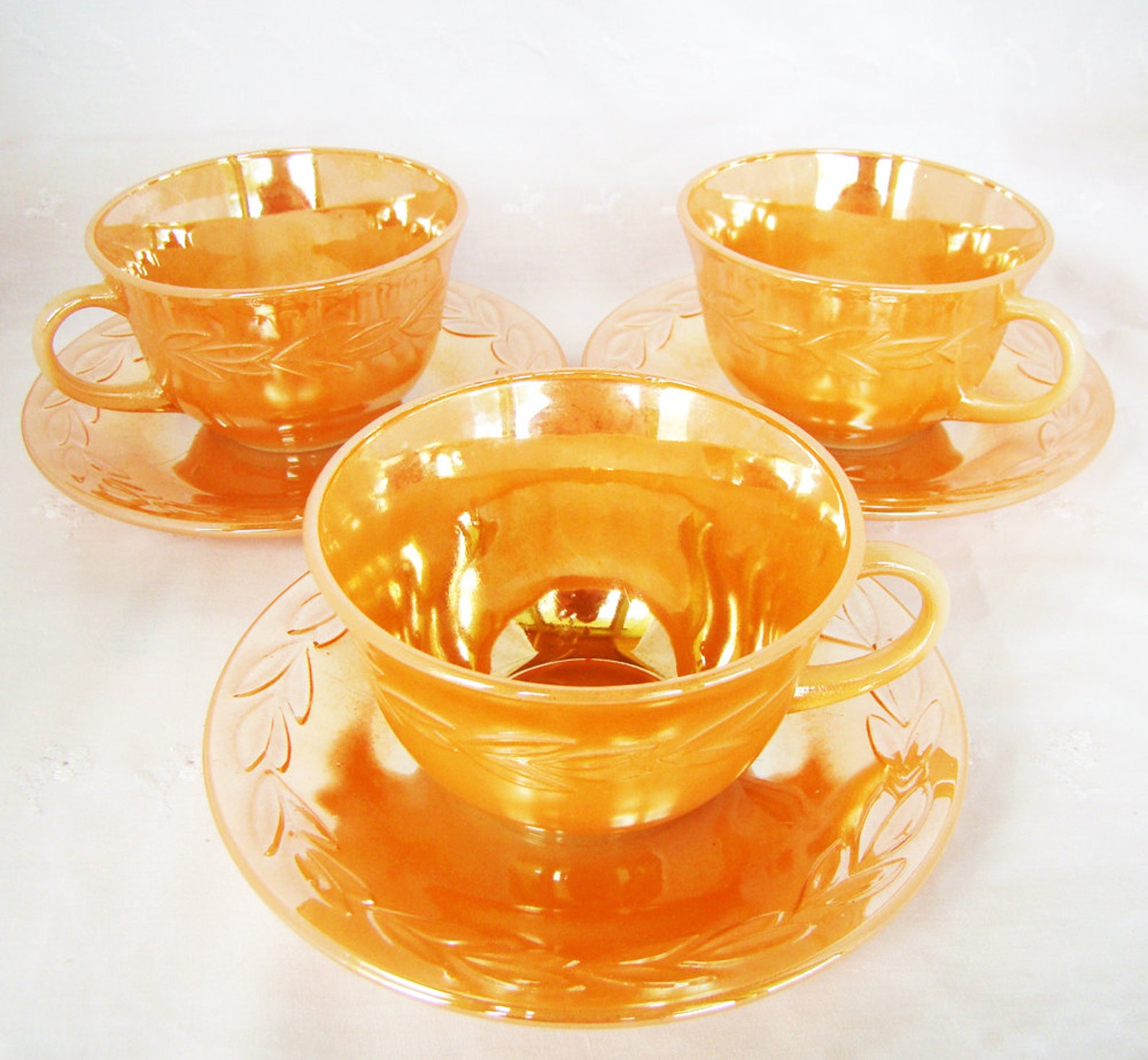 Fire King Peach Lusterware Set of 3 Cups and Saucers, Laurel Leaf ...