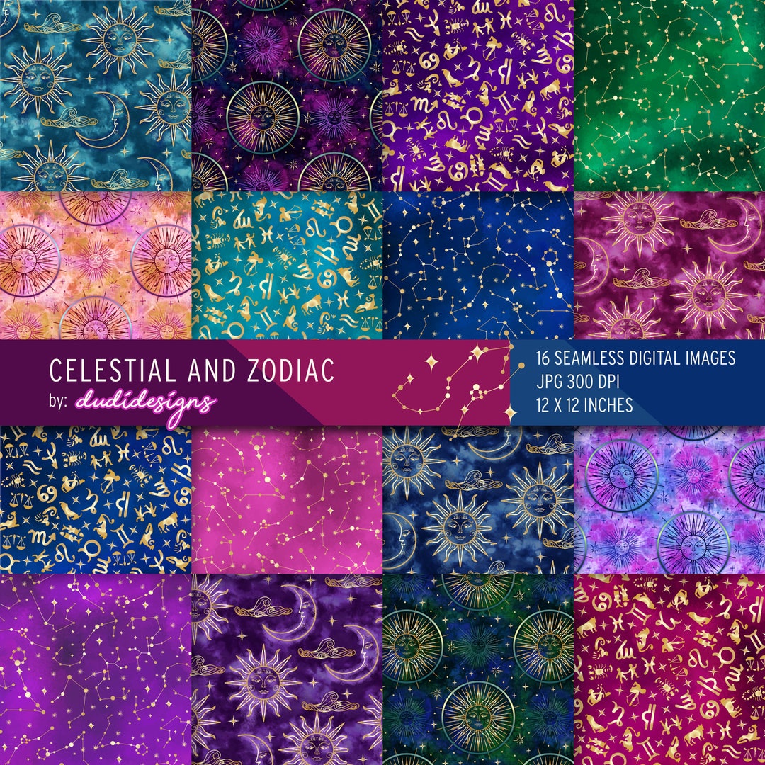 Celestial Astrology Digital Paper Pack Galaxy Zodiac Seamless Pattern ...